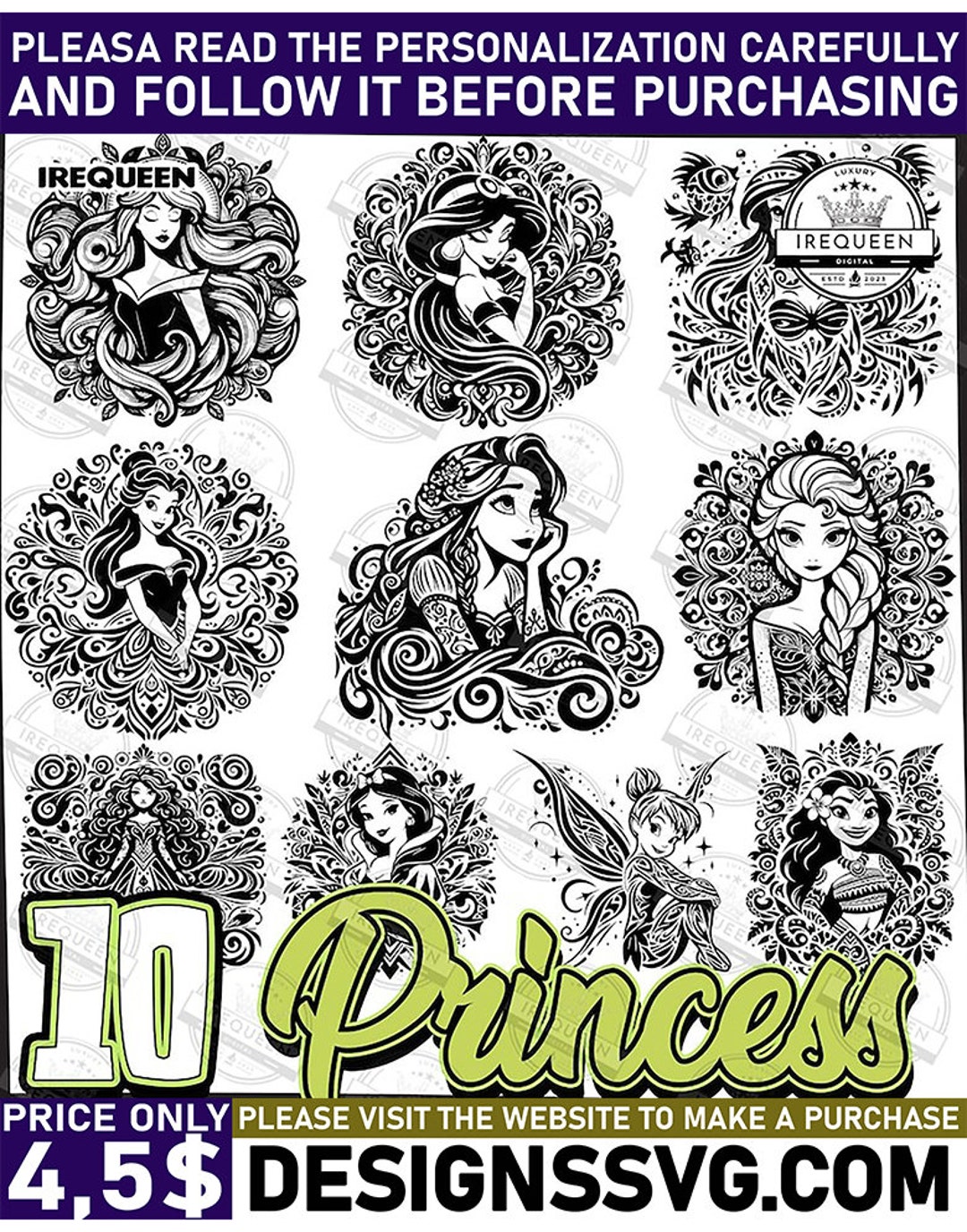 10 Cartoon Princess Svg Bundle, Princess Cartoon Svg, Intricate Weeding ...