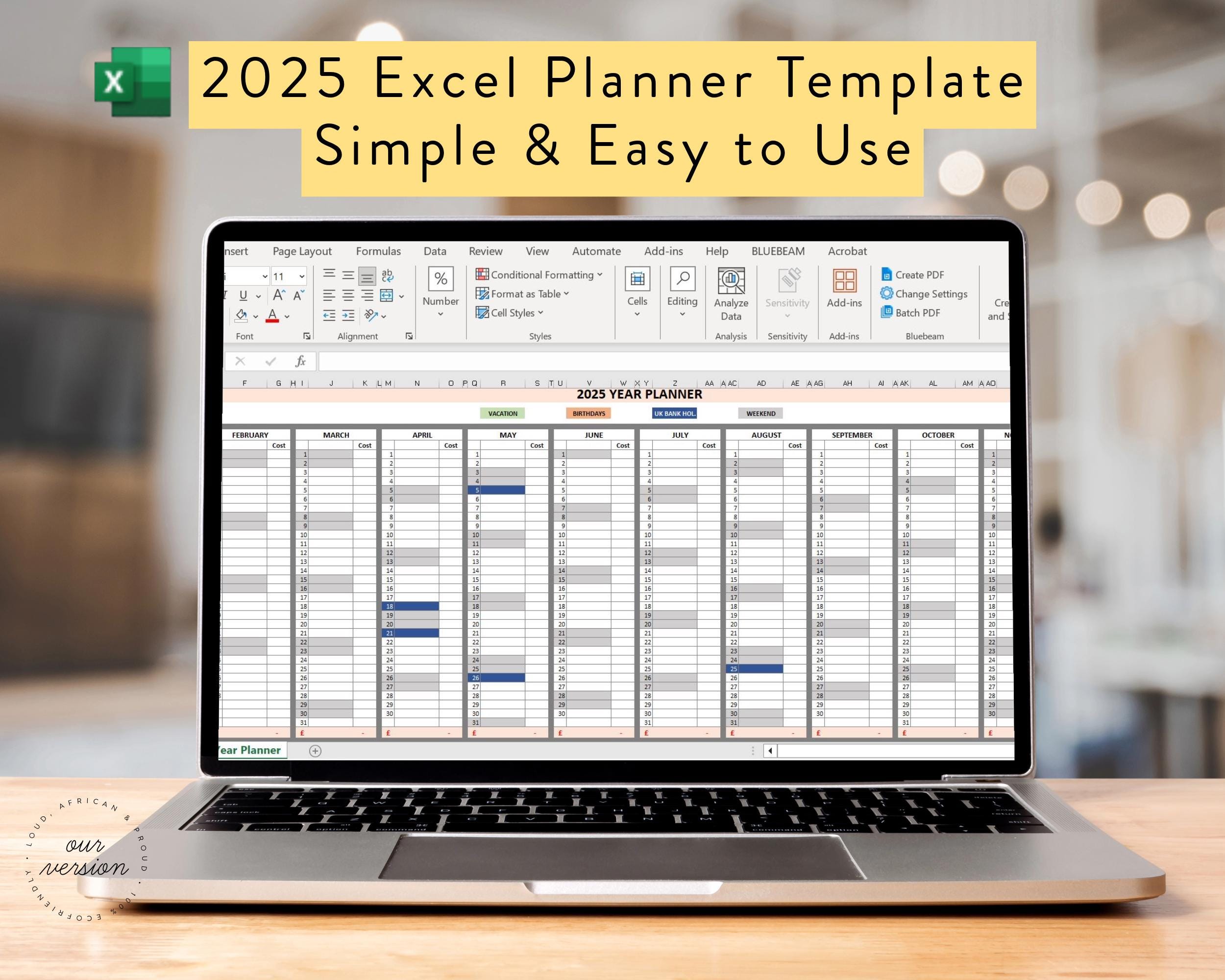 2025 Excel Year Planner Template | Simple & Editable Excel Calendar ...