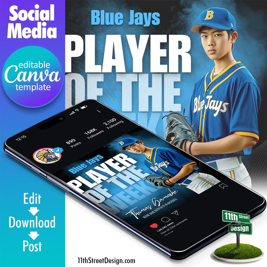 Baseball Player of the Week Social Media Canva Template, Design Your ...