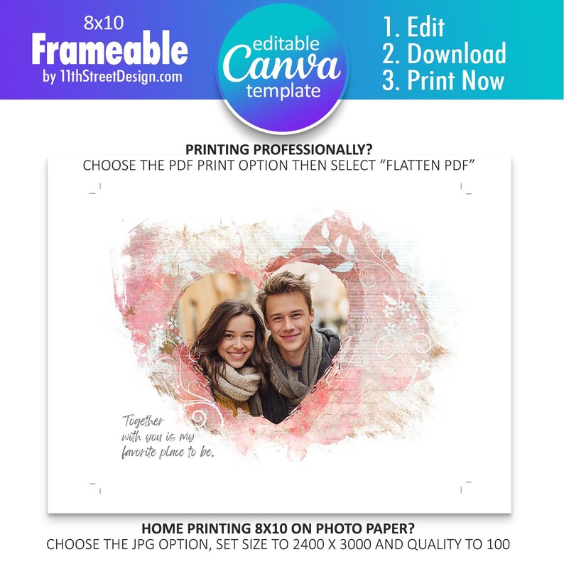Heart to Heart, 8x10 Valentine Wall Art Canva Template, Editable Framed ...