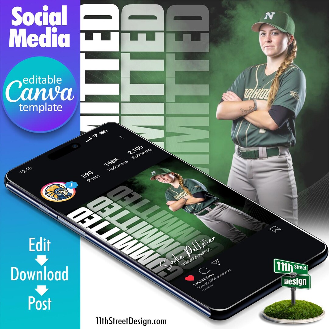 Softball Committed Social Media Canva Template, Design Your Own Sports ...