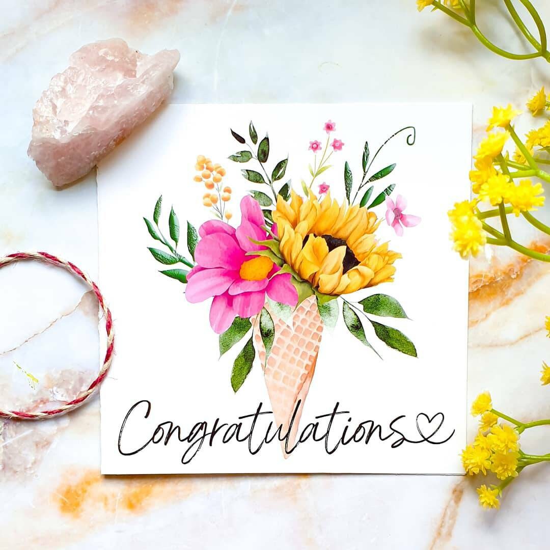 Congratulations Card A6 Square Size Watercolor Flower Icecream Happy ...