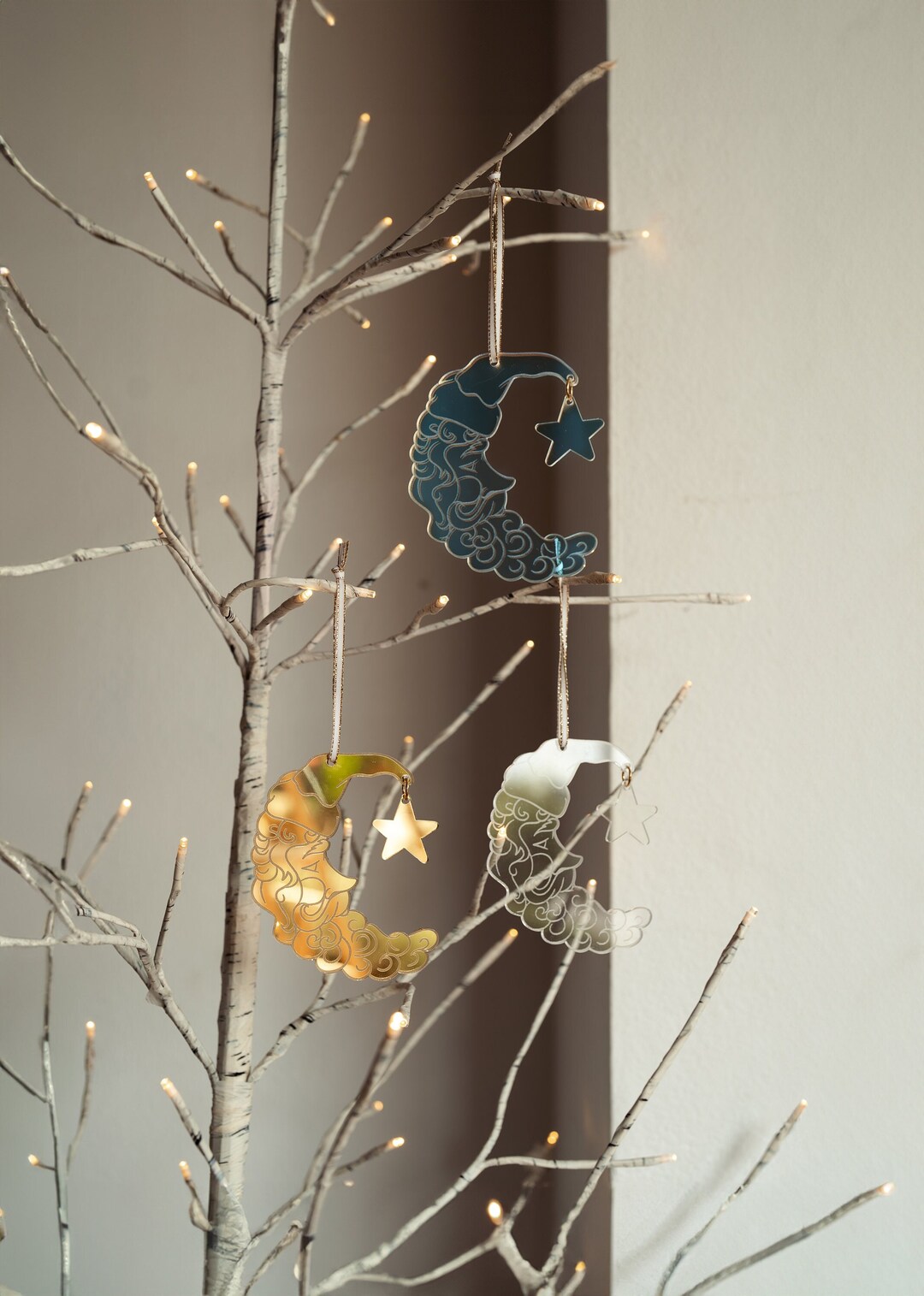 Santa Moon and Star Gold Mirror Christmas Ornament, Celestial Christmas ...