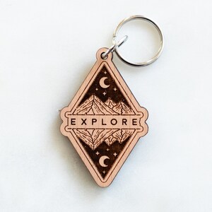 Explore Mountains Wood Keychain, Camping Keychain Accessory, Mountain ...