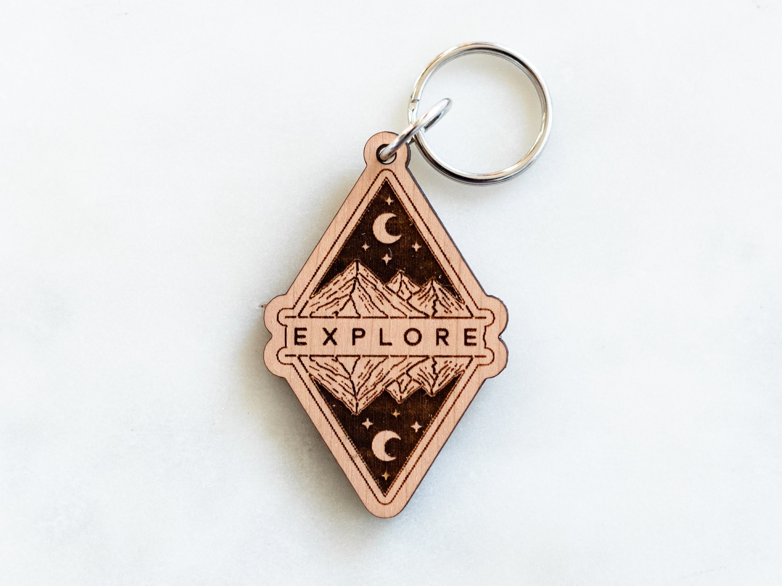 Explore Mountains Wood Keychain Camping Keychain Accessory - Etsy