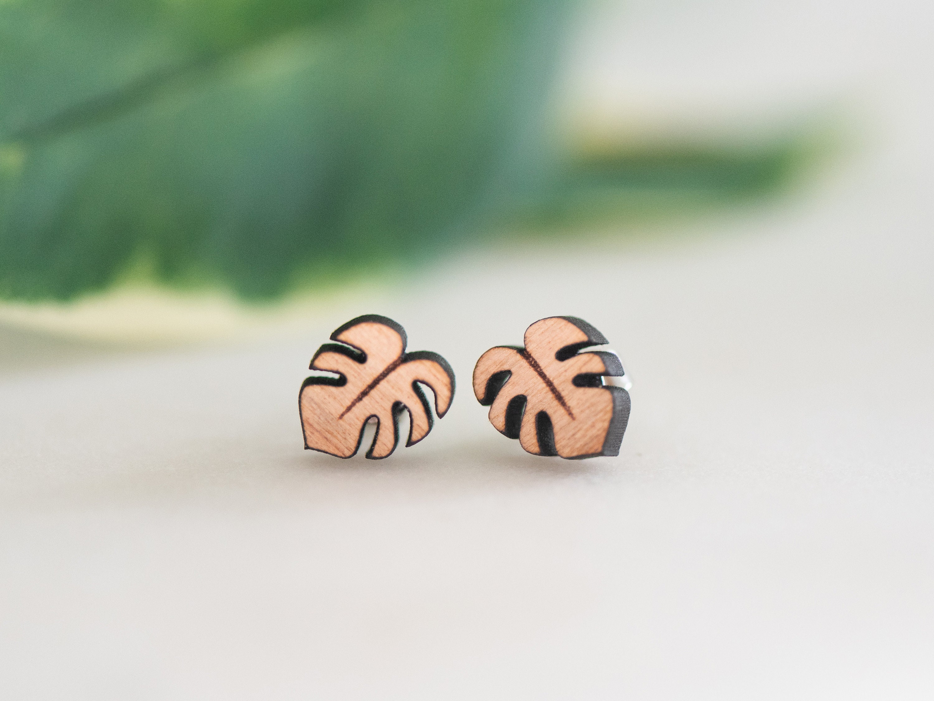Monstera Leaf Wood Stud Earrings Plant Earring Studs Nature - Etsy