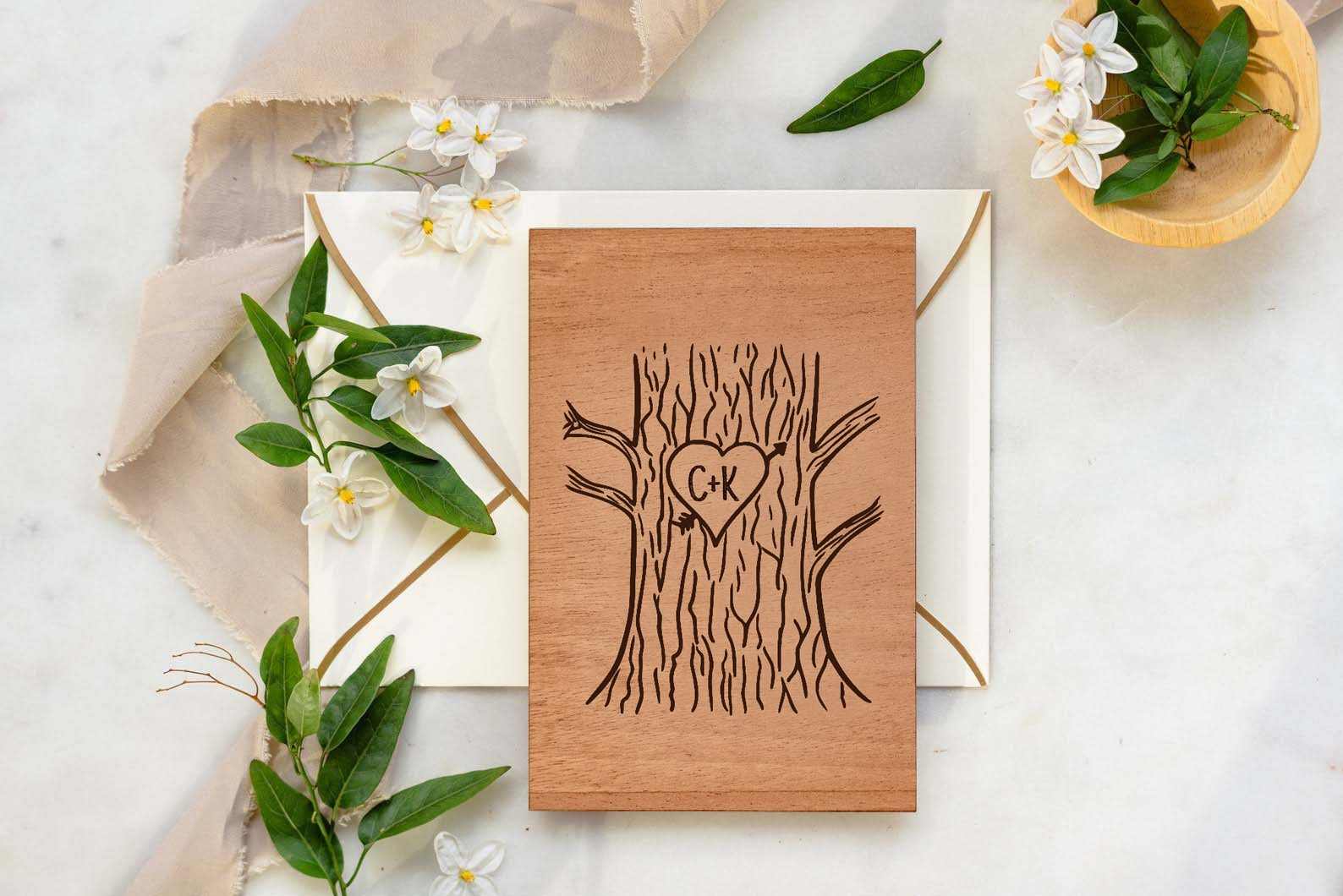 Tree Carved Initials Wood Card Valentine's Day Card Wood - Etsy