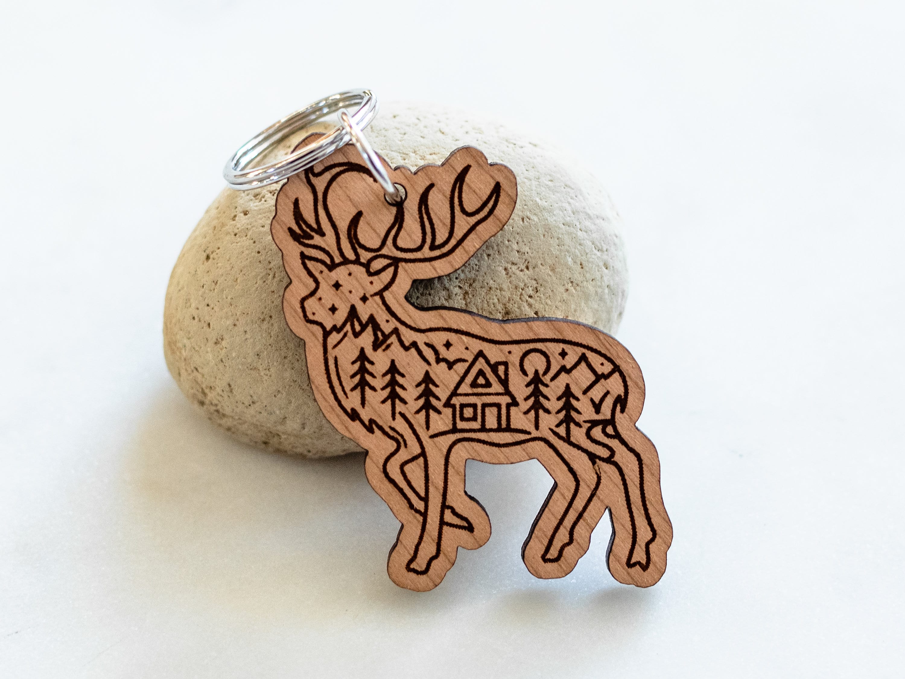 Deer Mountain Wood Keychain Deer Accessory Mountain - Etsy