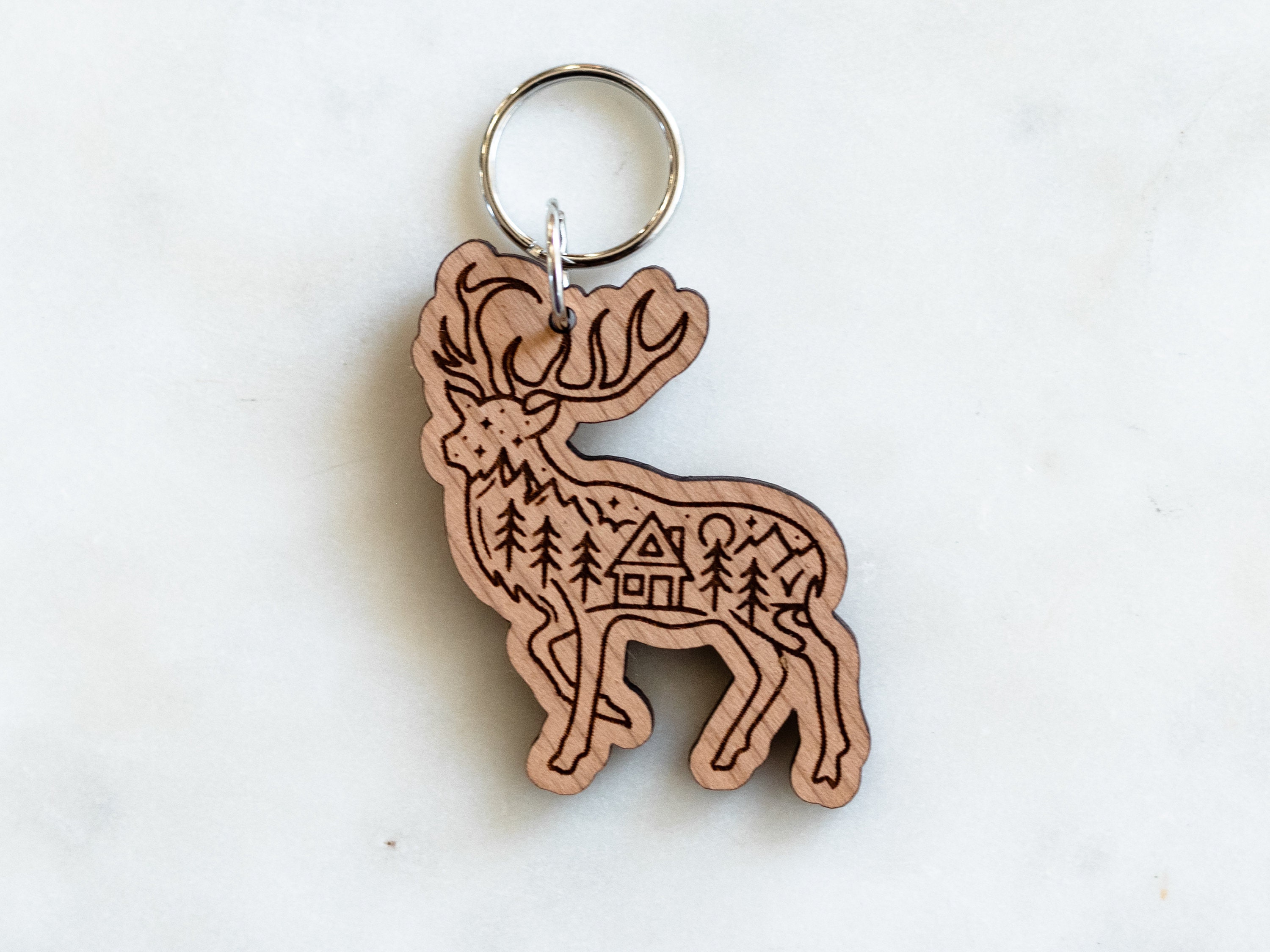 Deer Mountain Wood Keychain Deer Accessory Mountain | Etsy
