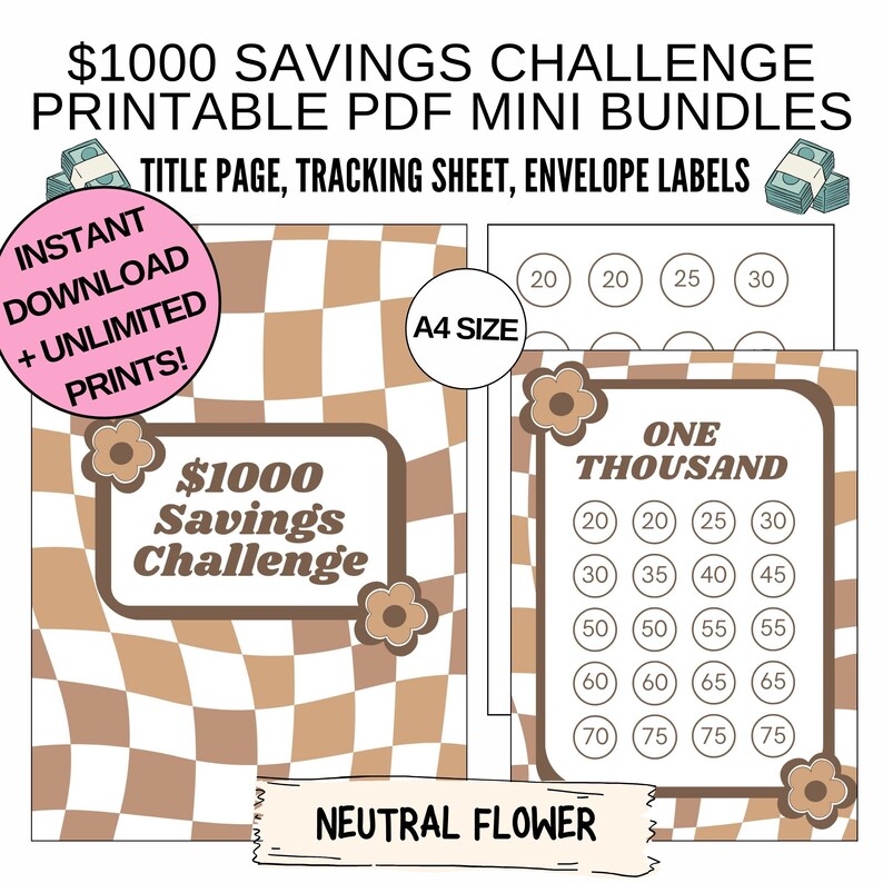 A4 1000 Savings Challenge Printable PDF Mini Bundles Neutral Flower ...