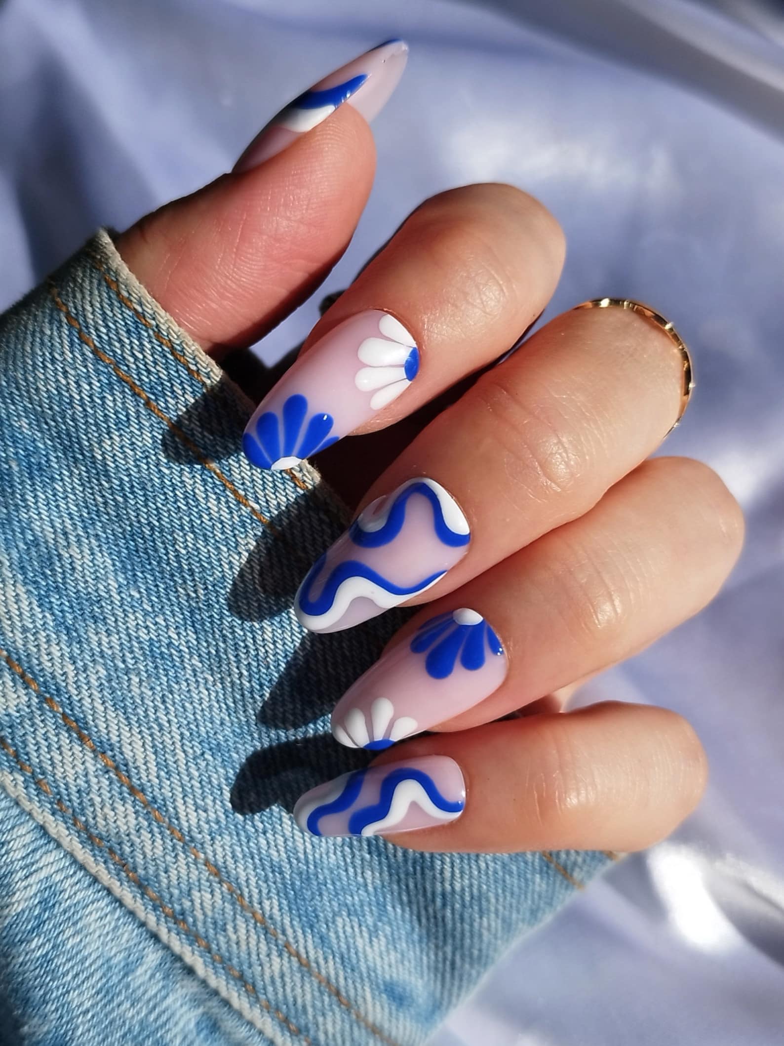 Press on Nails, Blue White Swirl Flower, French Tip Frenchies, Royal ...