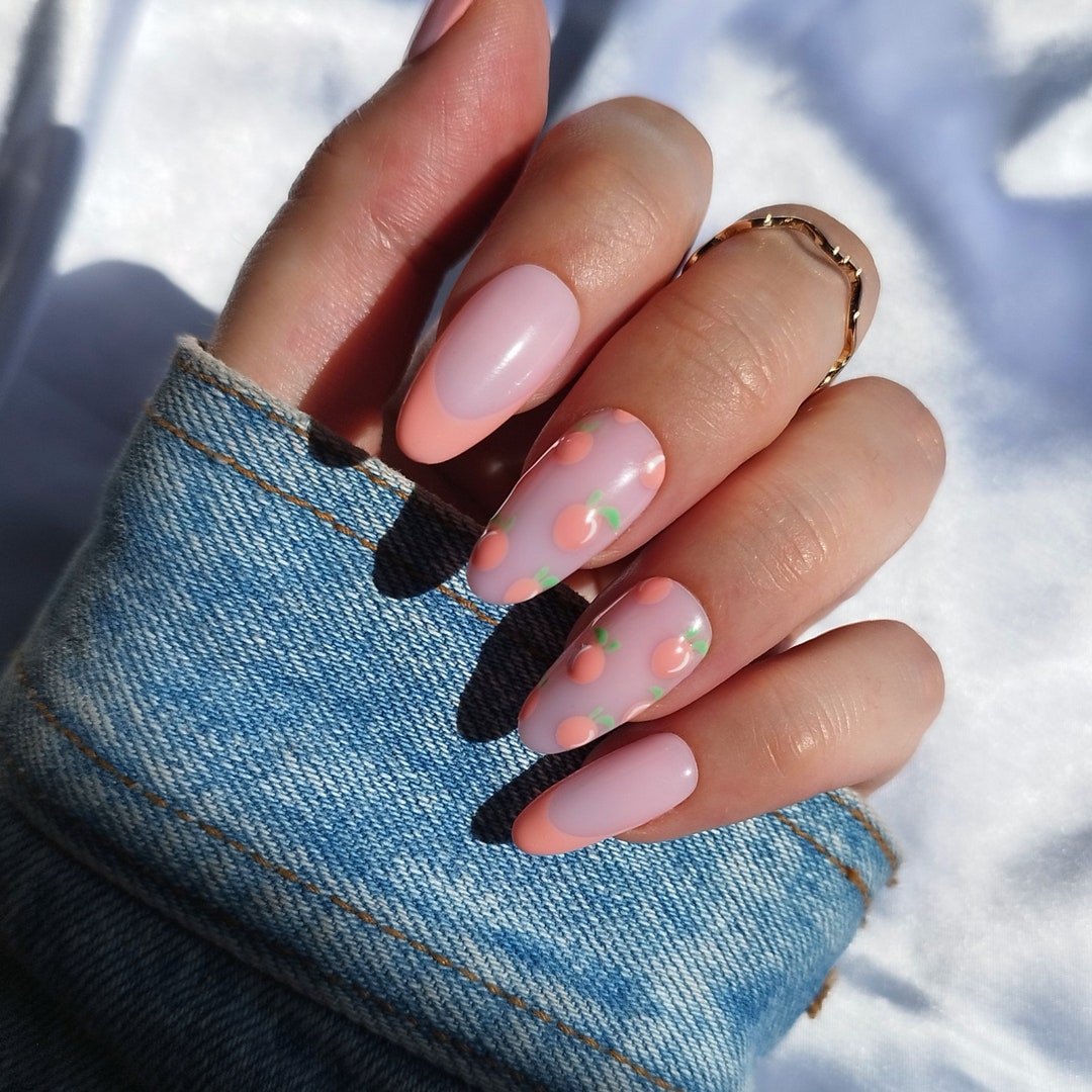 Press on Nails, Peach French Tips, Almond Coffin Stiletto Square ...