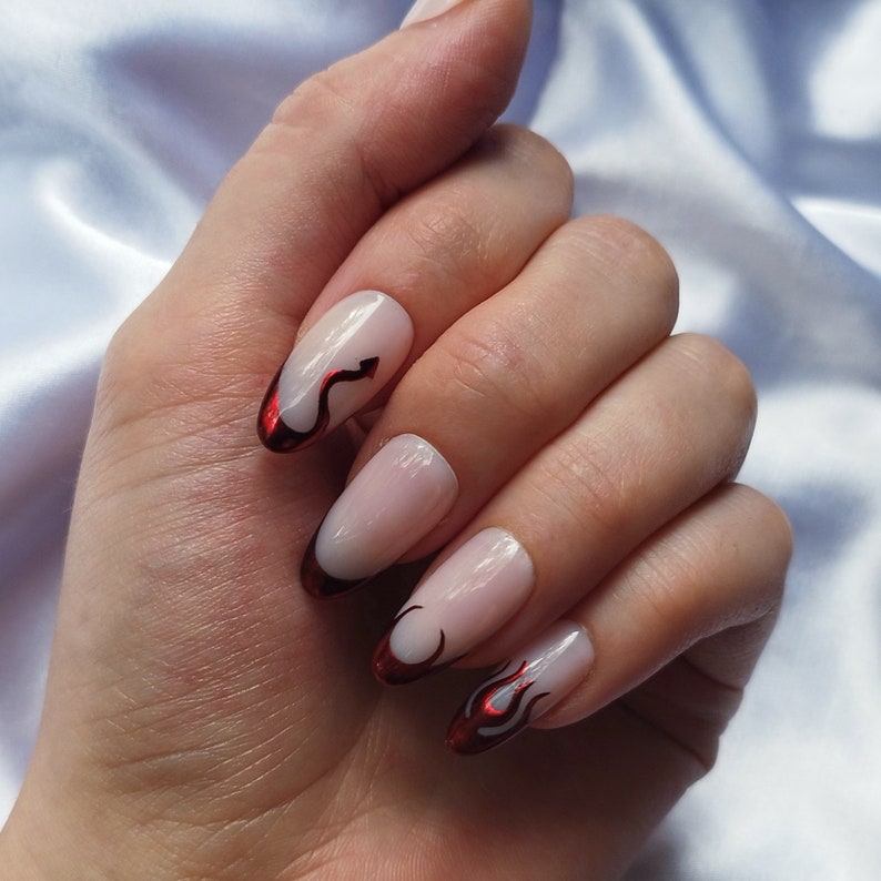 Custom Halloween Press on Nails, Red Chrome Devil Hell, Almond Coffin ...