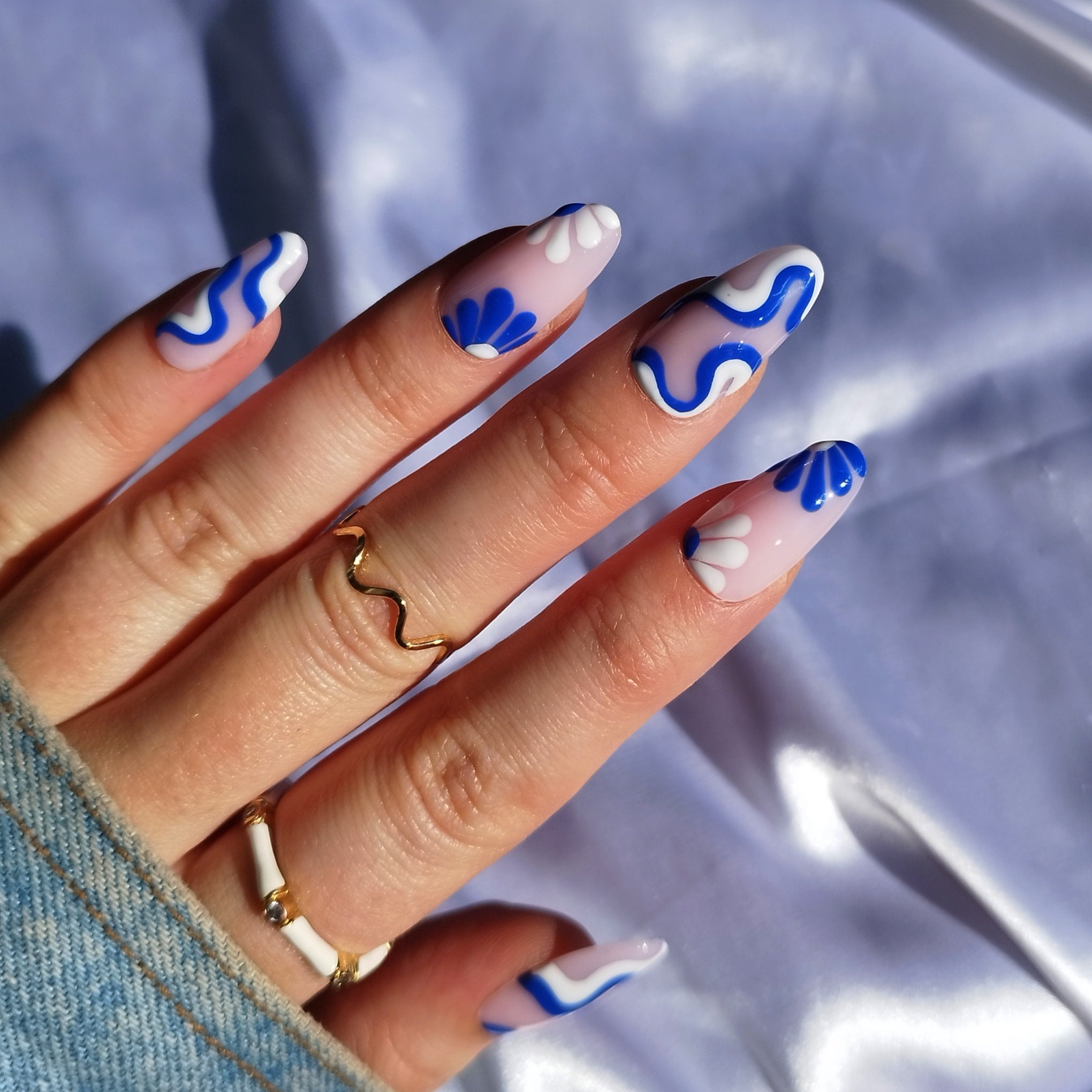 Press on Nails, Blue White Swirl Flower, French Tip Frenchies, Royal ...