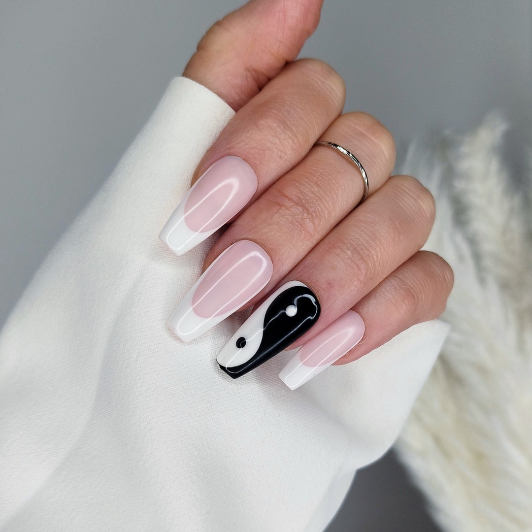 Press on Nails, Yin Yang French Tip, Black White, Almond Coffin, Square ...