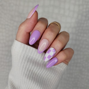 Press on Nails, Purple Checkerboard False Nails, Almond Coffin ...