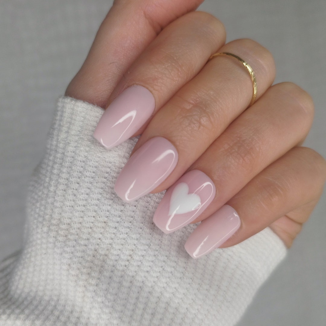 Heart French Tip, Press on False Nails, Valentines White, Almond Coffin ...