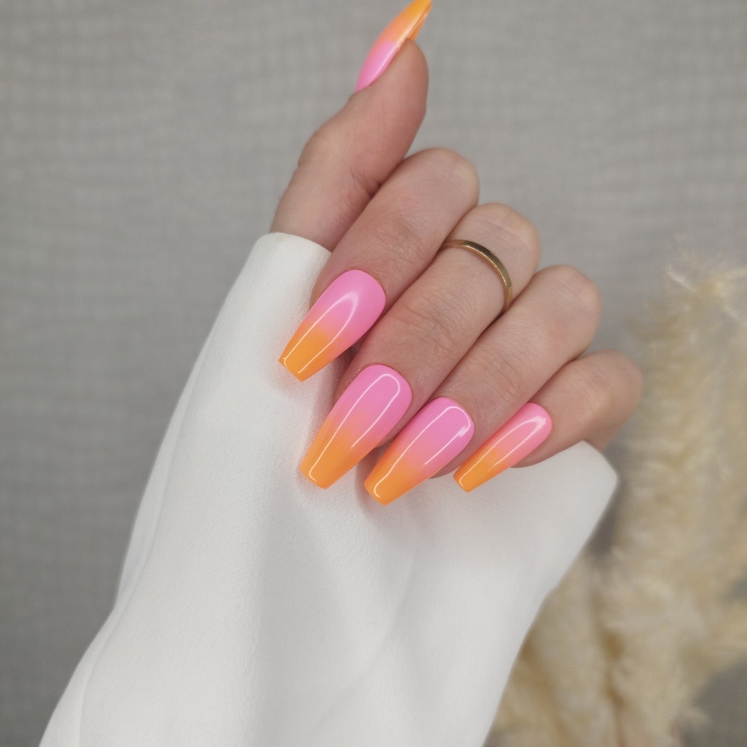 Press on Nails, Ombre Pink Orange, Almond Coffin, Long Short Gloss Matt ...