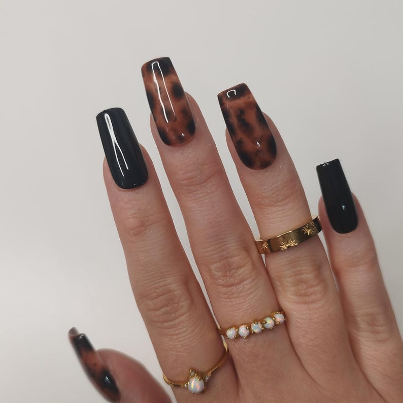 Custom Press on Nails, Tortoise Shell, Animal Print, Brown Black ...