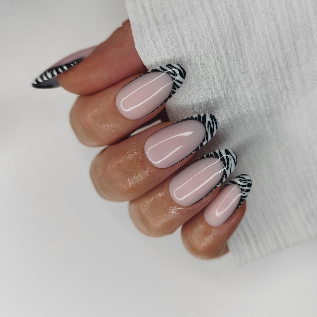 French Tip Zebra Press on Nails, Animal Print False Nails - Etsy
