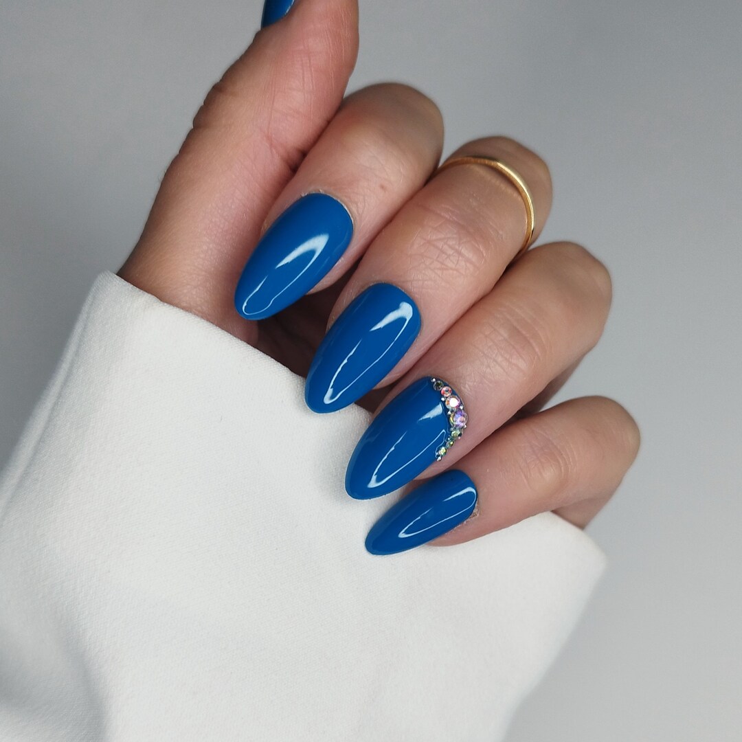 Teal Diamond Press on Nails, Blue French Tip, Crystal Gem Rhinestone ...