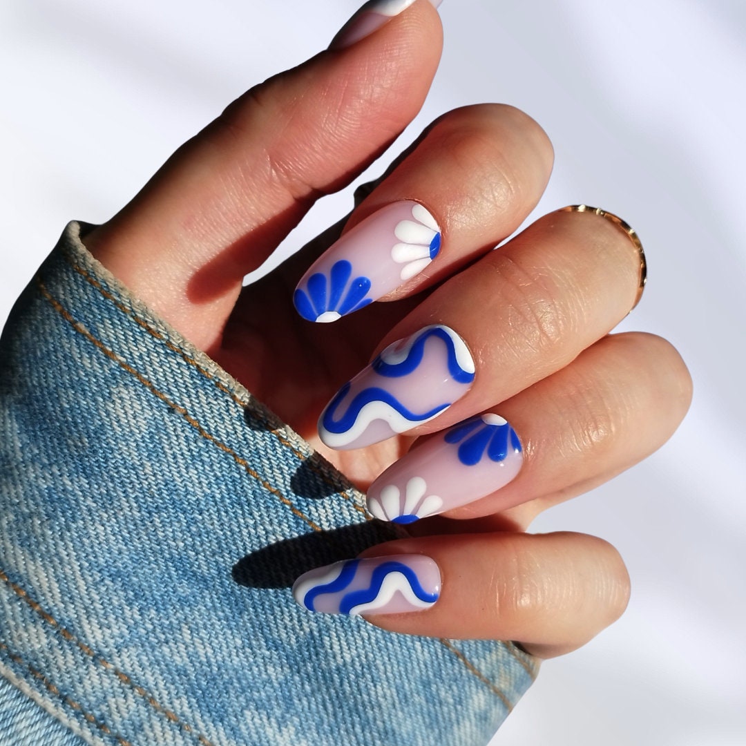 Press on Nails, Blue White Swirl Flower, French Tip Frenchies, Royal ...