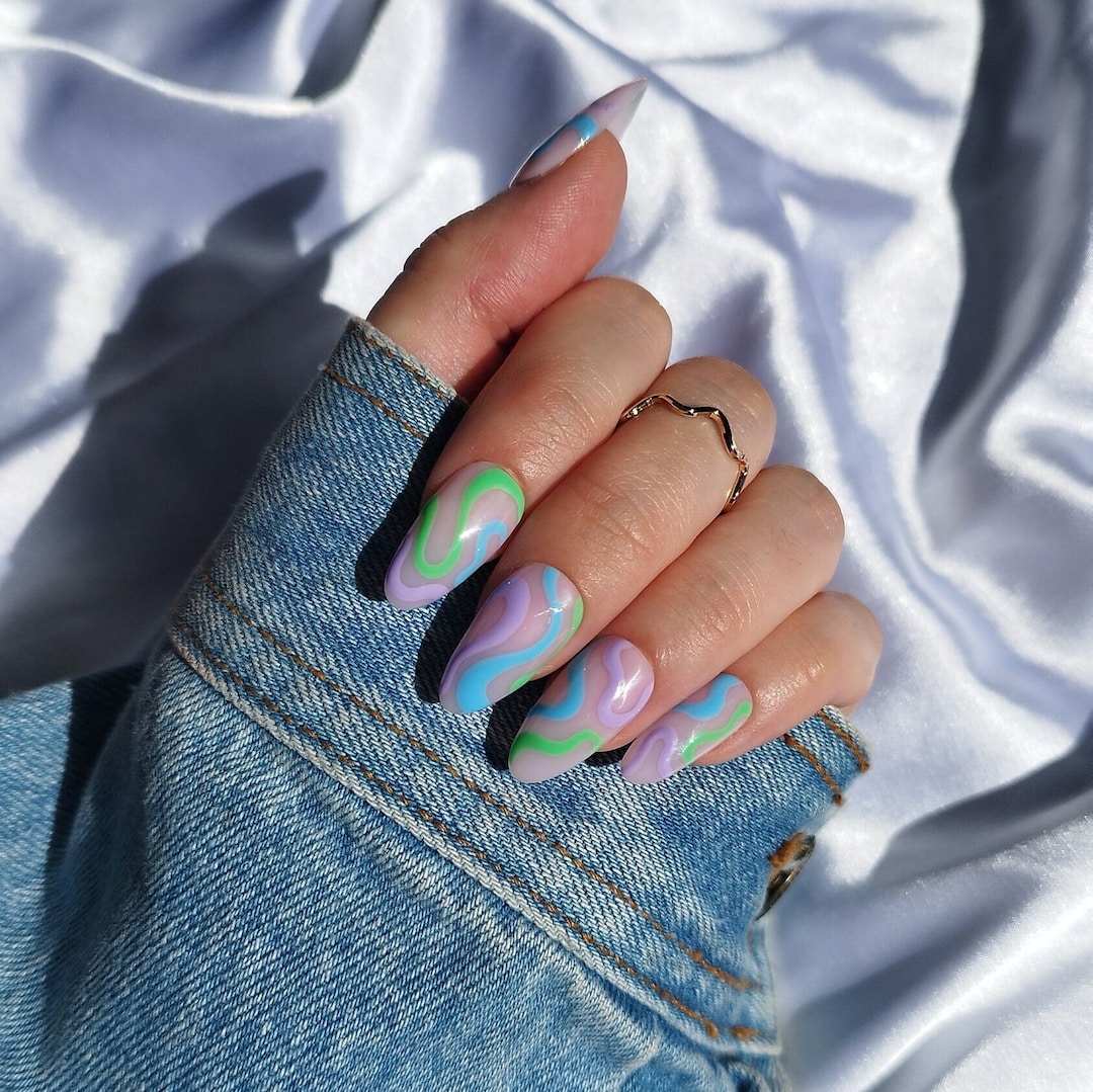 Press on Nails, Blue Green Purple Swirl, Frenchies Almond Coffin ...