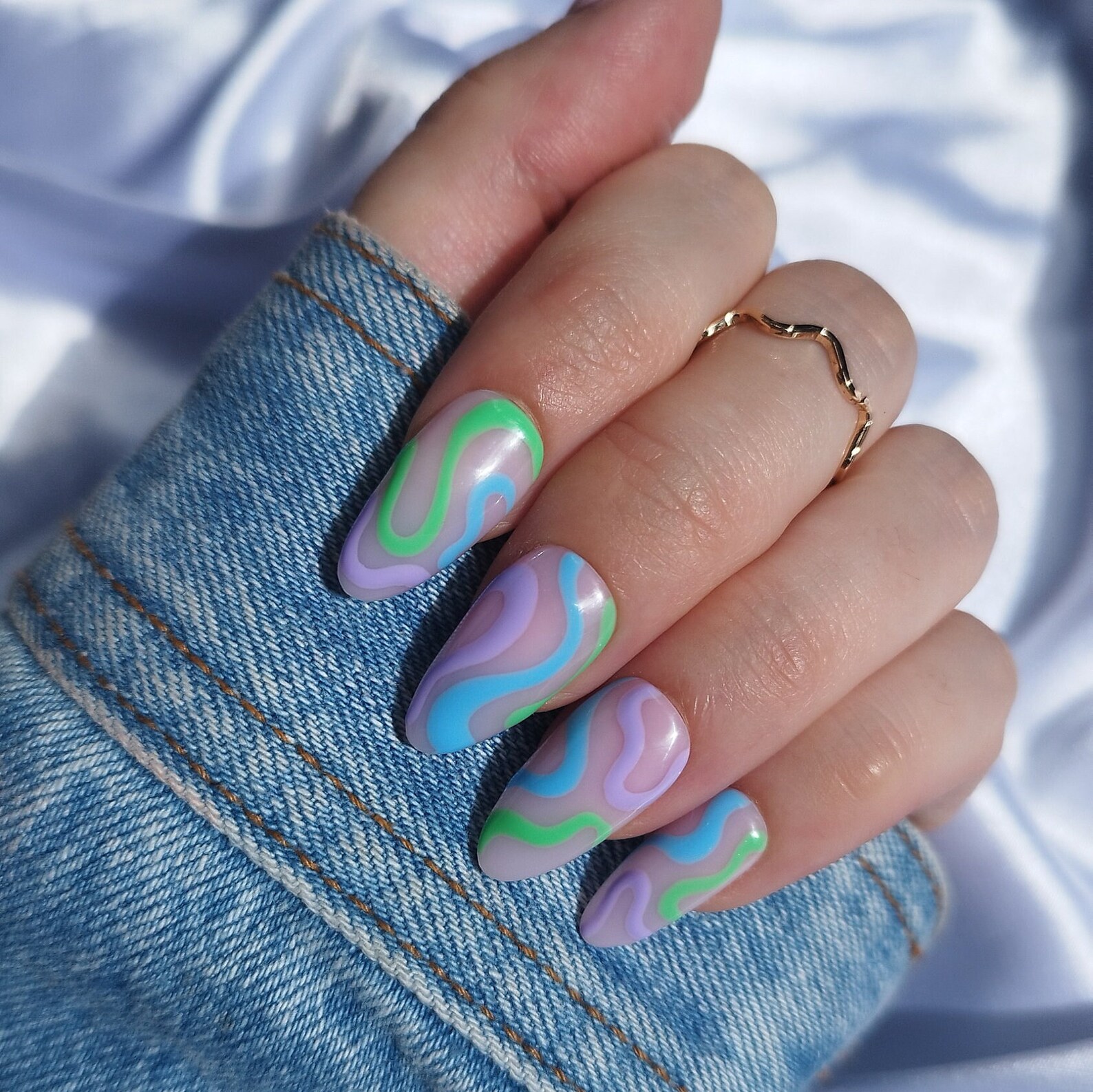 Press on Nails, Blue Green Purple Swirl, Frenchies Almond Coffin ...