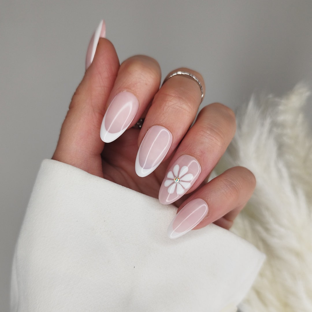 Press on Nails, White Daisy Flower French Tip, Nude, Rhinestone Crystal ...