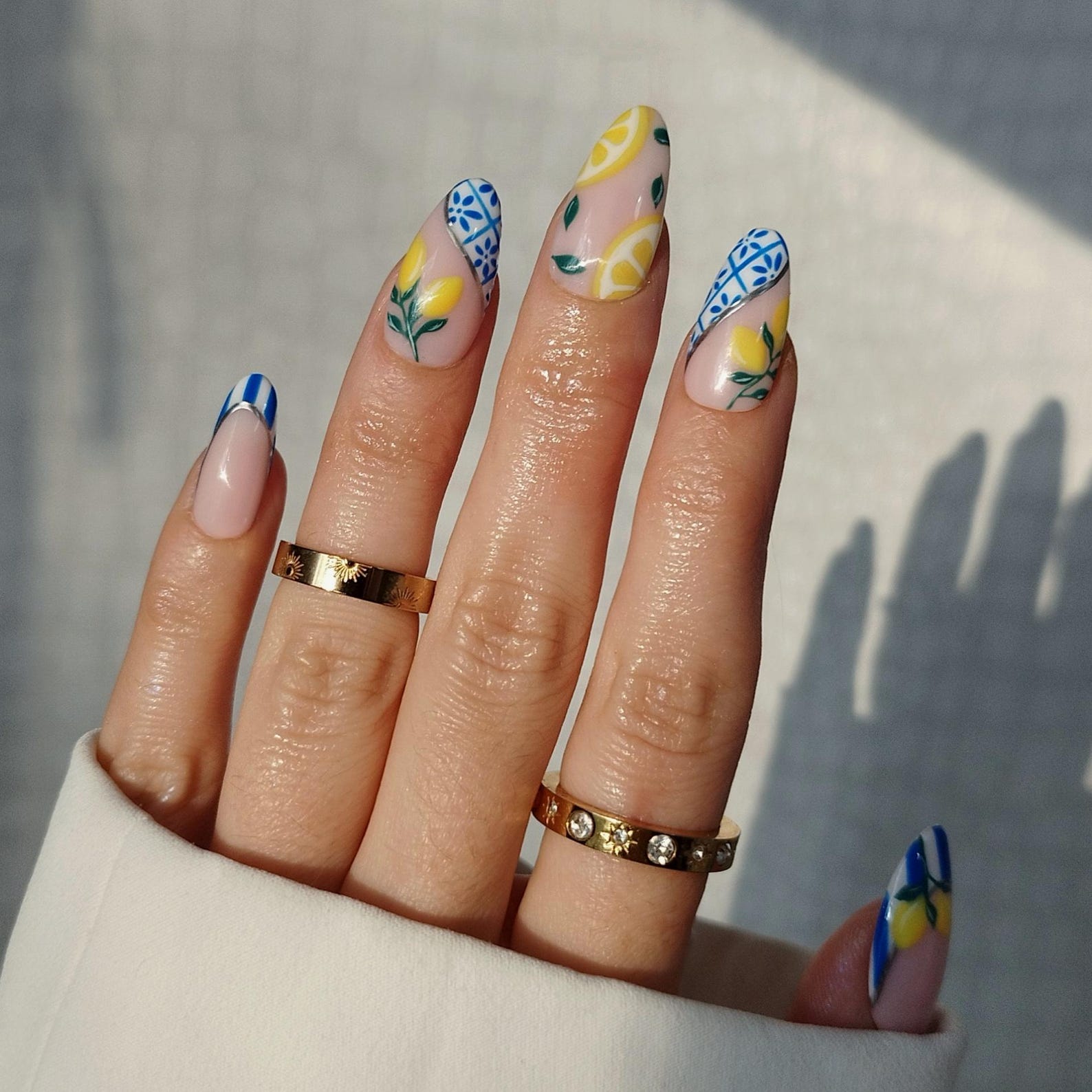 Porcelain Lemon Press on Nails, Italian Summer Blue Yellow Tile False ...