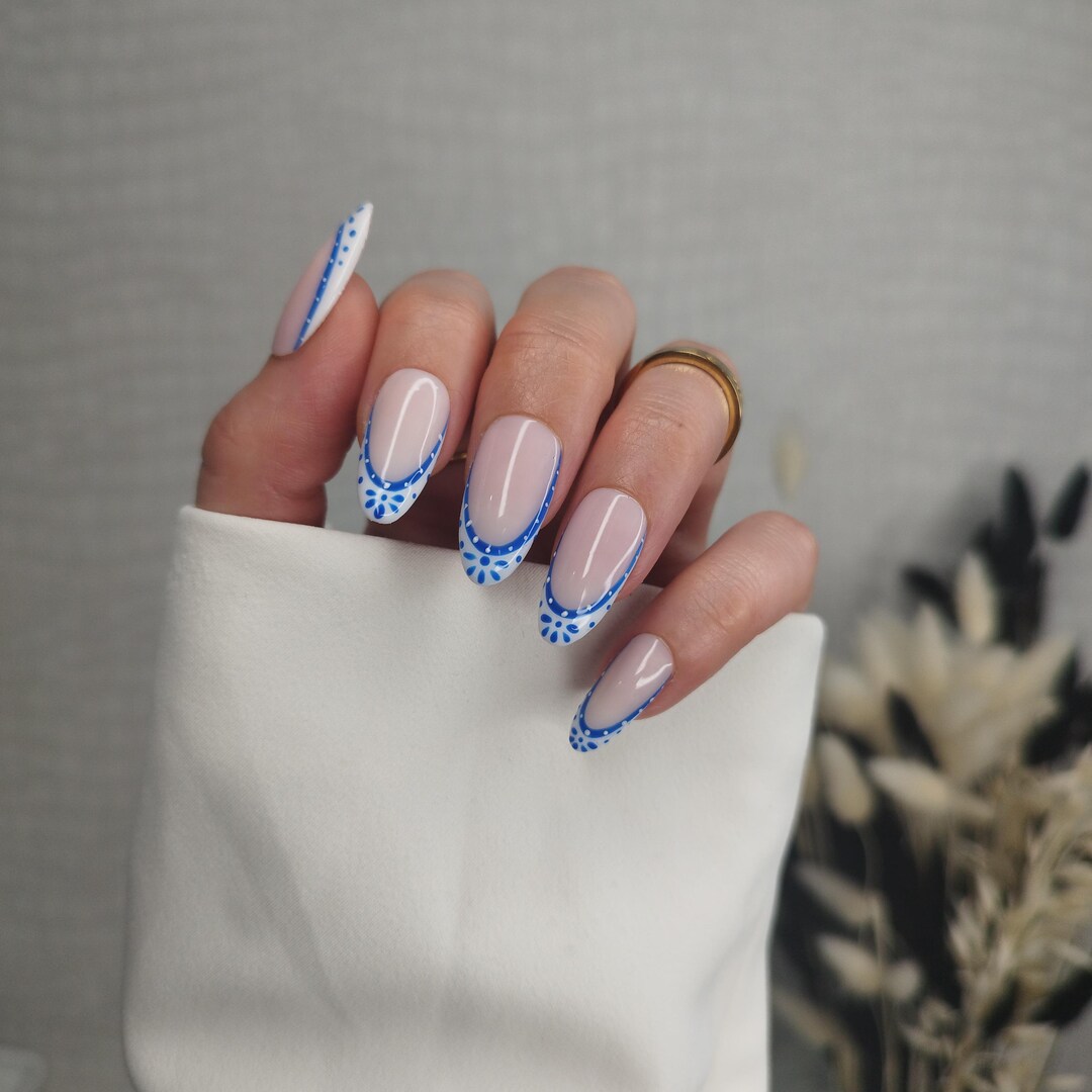 Custom Press on Nails, Tile Print French Tips, Greek Santorini Blue ...