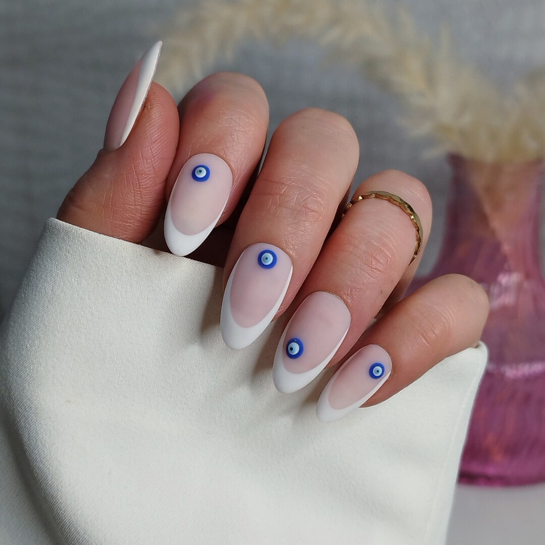 Press on Nails, French Tip Evil Eye, Blue Pastel, Almond Coffin, French ...