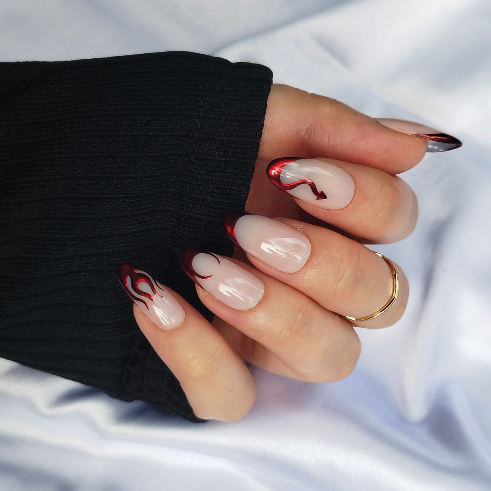 Custom Halloween Press on Nails, Red Chrome Devil Hell, Almond Coffin ...