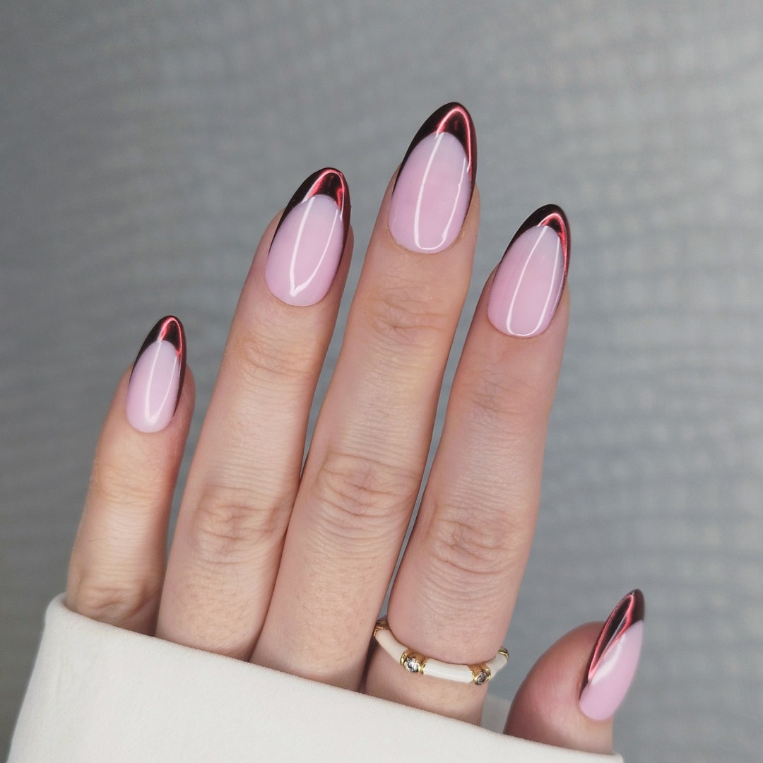 Press on Nails, Red Chrome French Tip, Metal Metallic Glitter, Custom ...
