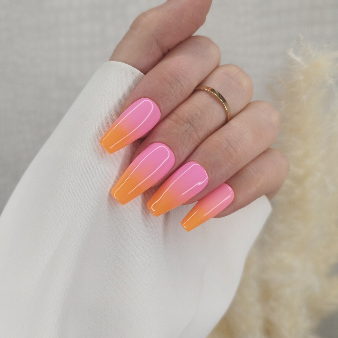 Press on Nails, Ombre Pink Orange, Almond Coffin, Long Short Gloss Matt ...