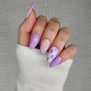 Press on Nails, Purple Checkerboard False Nails, Almond Coffin ...
