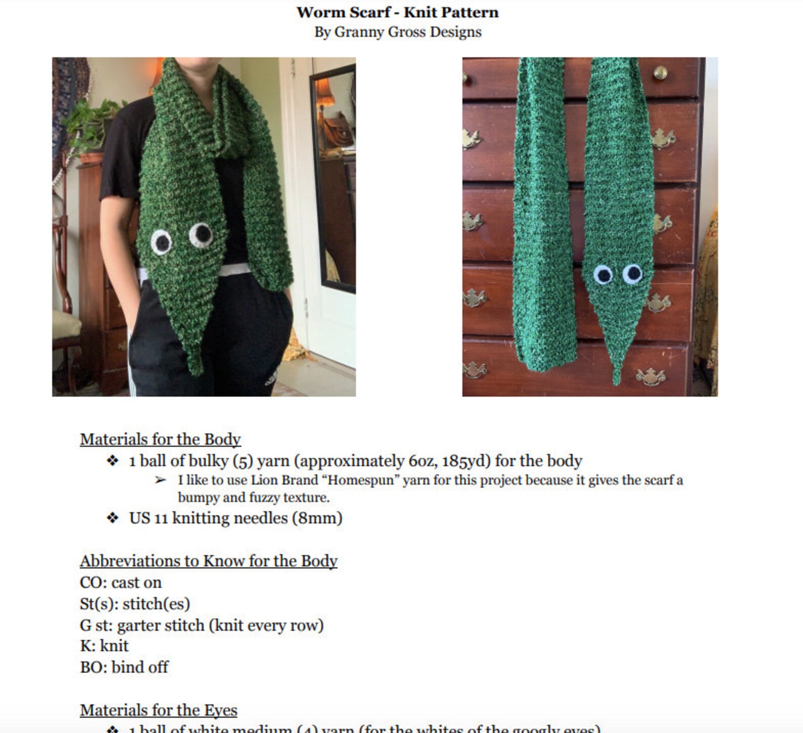 Worm Scarf - Knitting Pattern (PDF Document) - Etsy