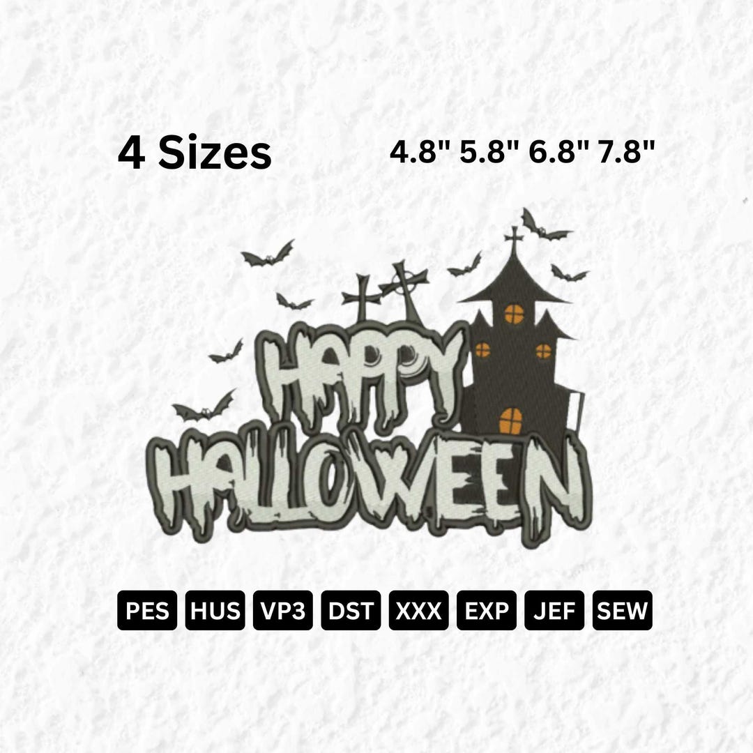 Happy Halloween Embroidery Design: Spooky Font, Haunted House (digital ...