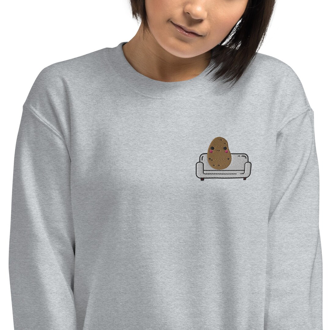 Couch Potato Embroidered Crew Sweatshirt/sweater (pink/white/dark Grey ...