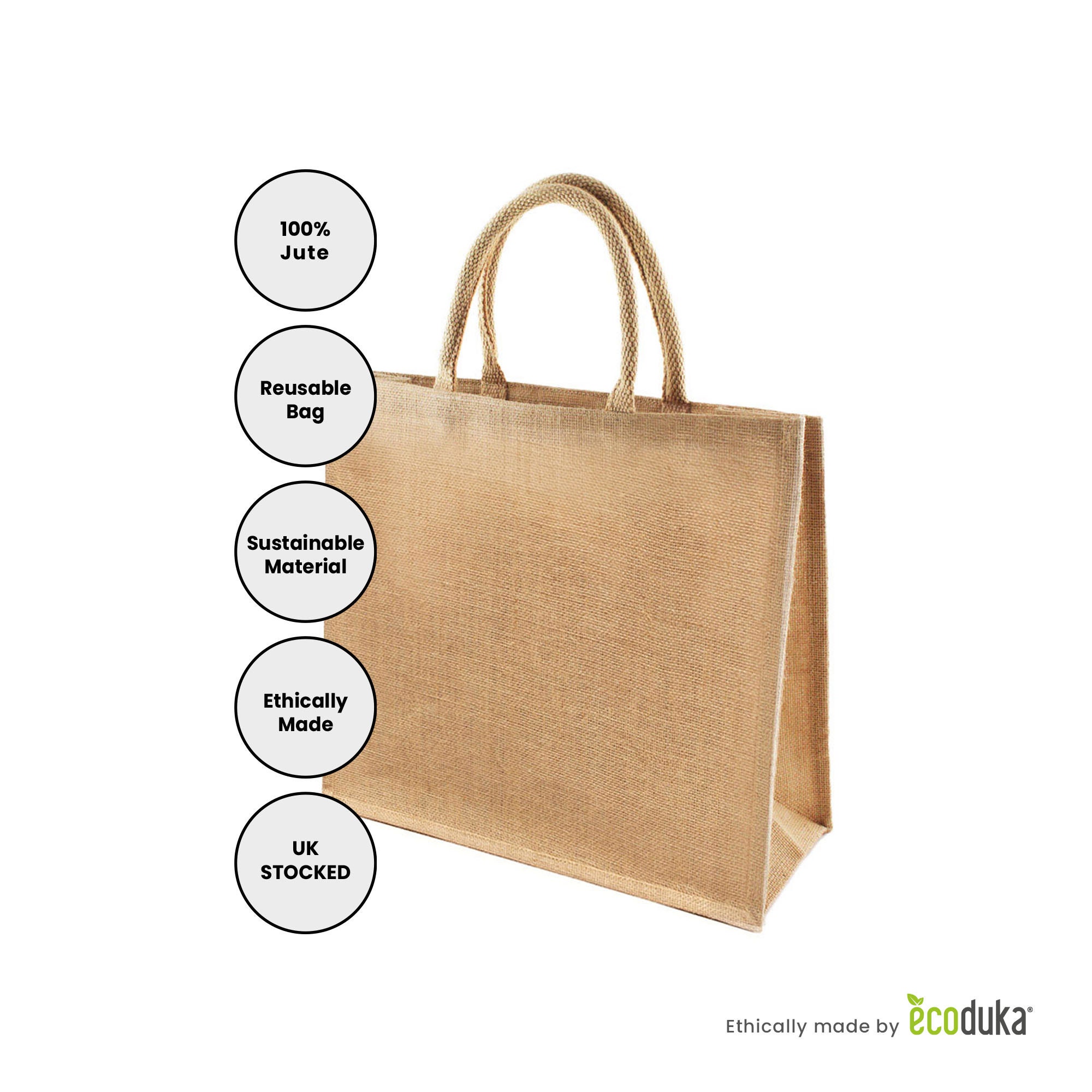 Large Jute Shopping Bag | 20L Market Tote | 35x39x15cm | Padded Cotton ...