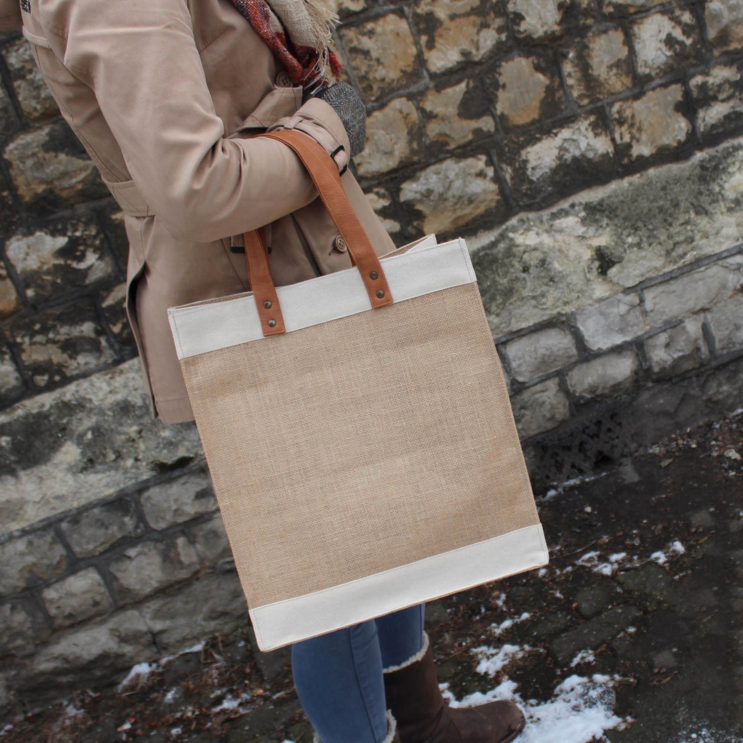 Ecoduka® Large Plain Jute Market Tote Bag | Jute Shopping Bag With Tan ...