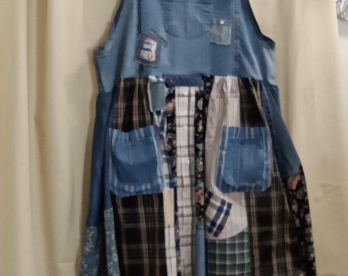 XL Overall Dress, Denim Patchwork Dress, Patchwork Jumper, Upcycled ...