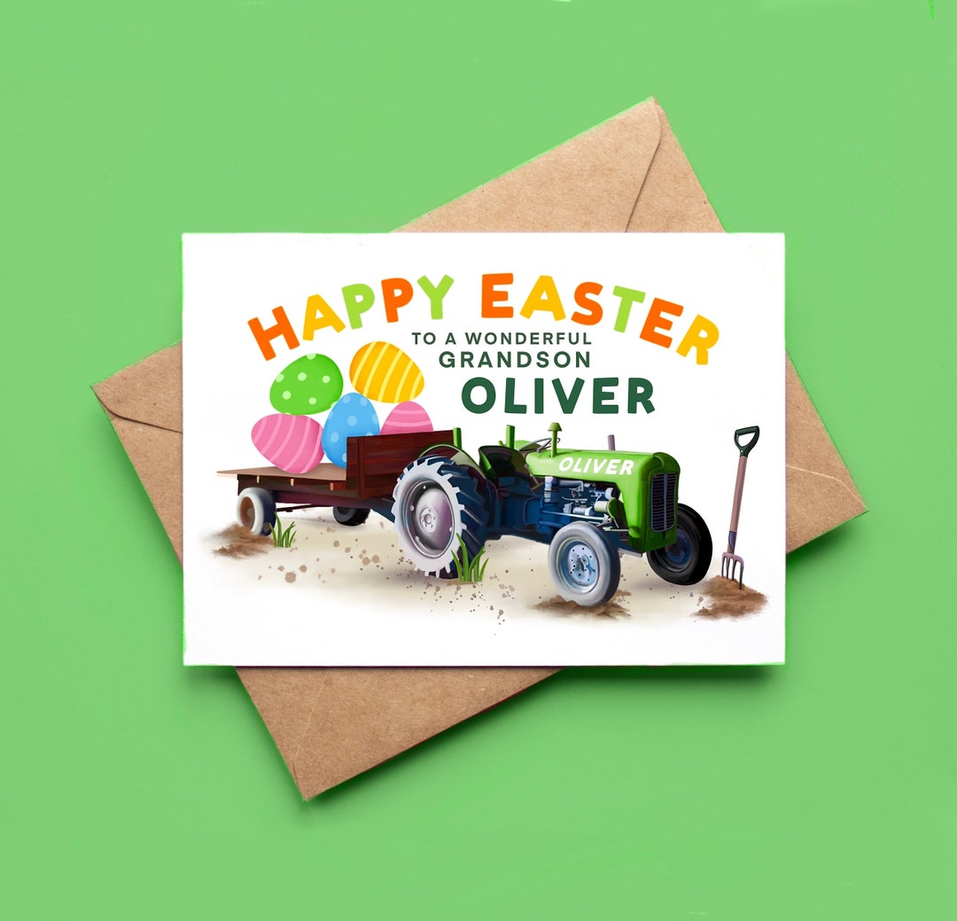 Personalised Grandson Tractor Easter Card Easter Eggs, Special Son ...