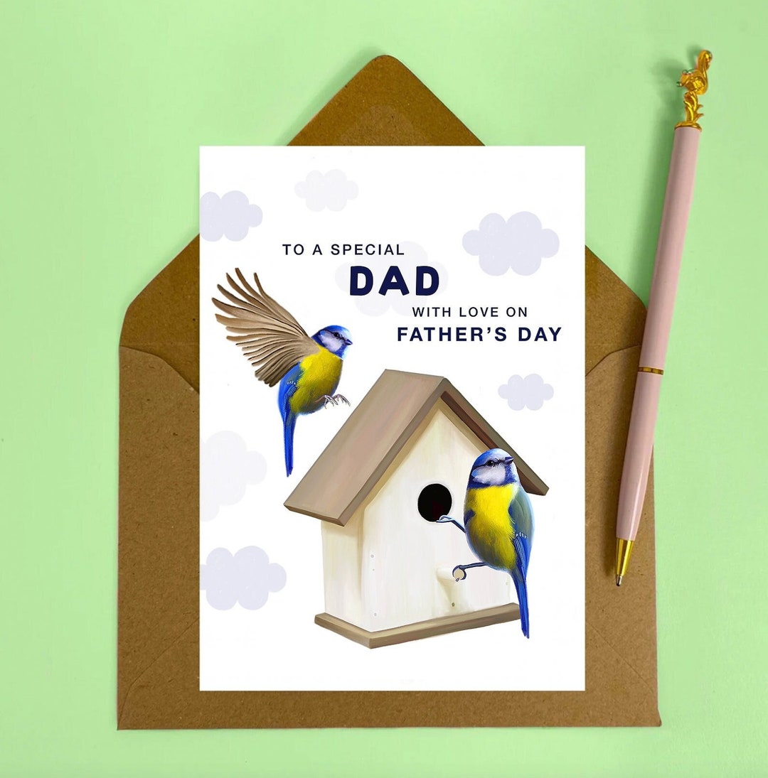 Father's Day Blue Tits Card Sparrow Bird Bath for a Special Dad ...