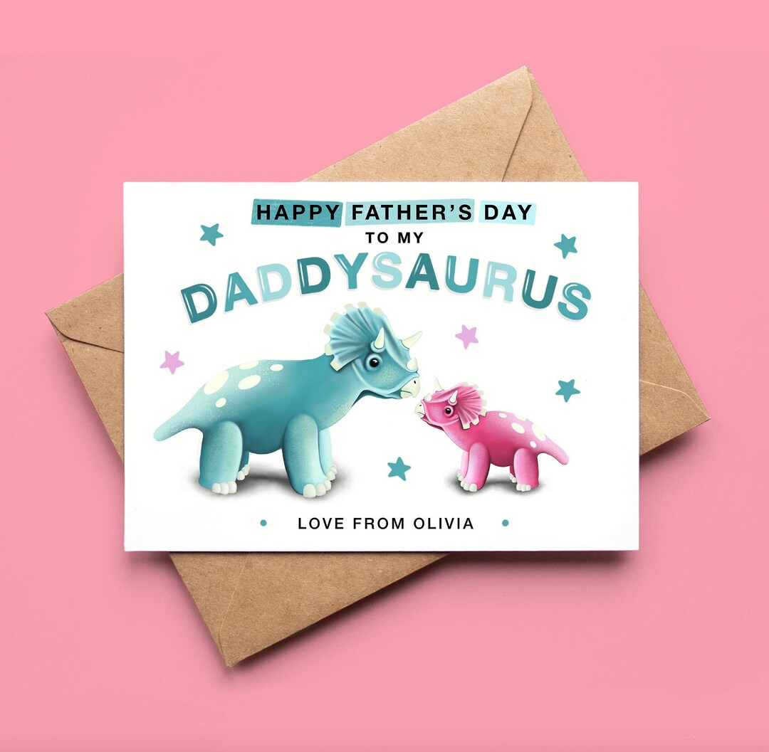 Personalised Daddysaurus Dinosaur Father's Day Card Dino, Blue and Pink ...