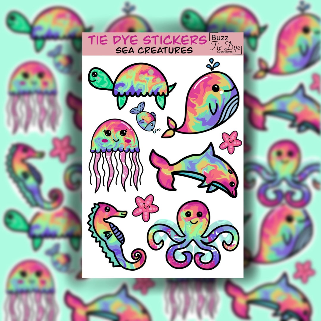 Sea Creature Sticker Sheet, Tie Dye/rainbow - WATERPROOF, Laptop ...