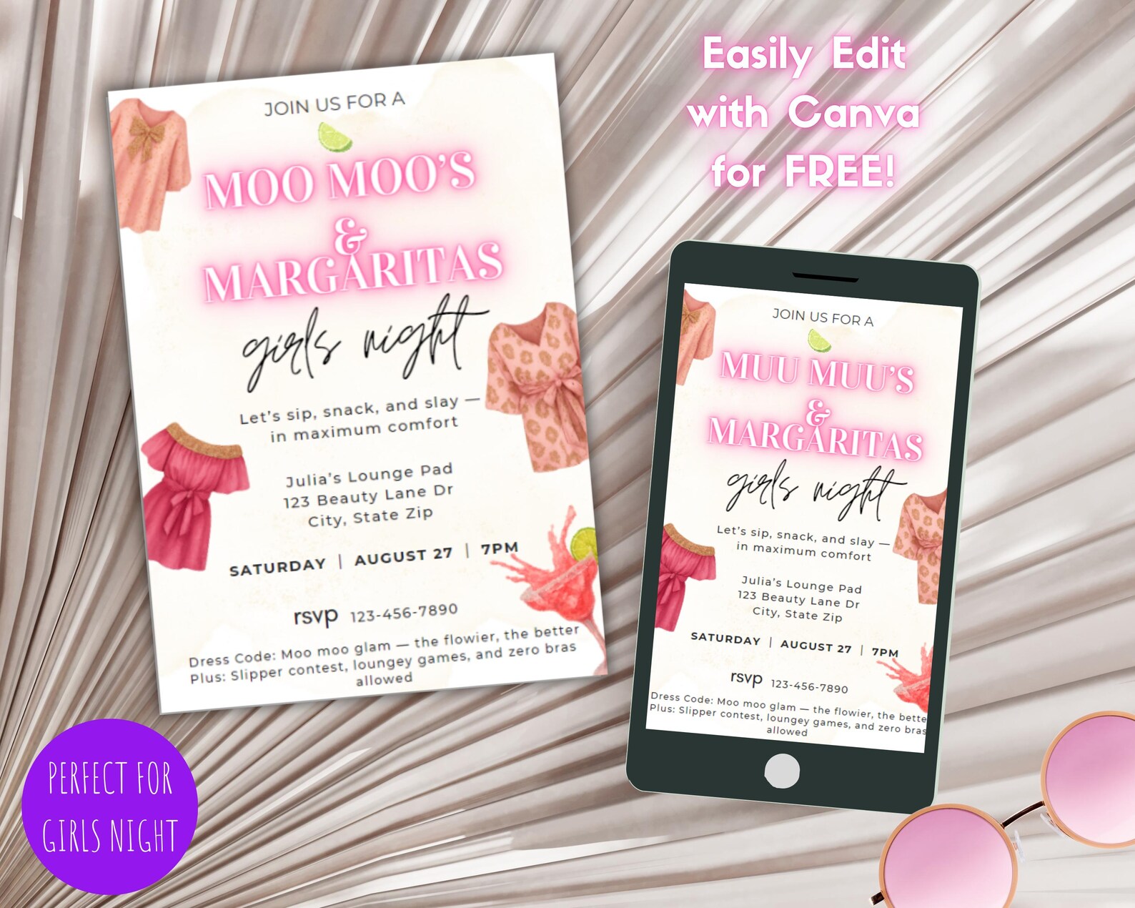 Pink Moo Moos & Margaritas Party Invite 5x7 Editable Girls Night Invite ...