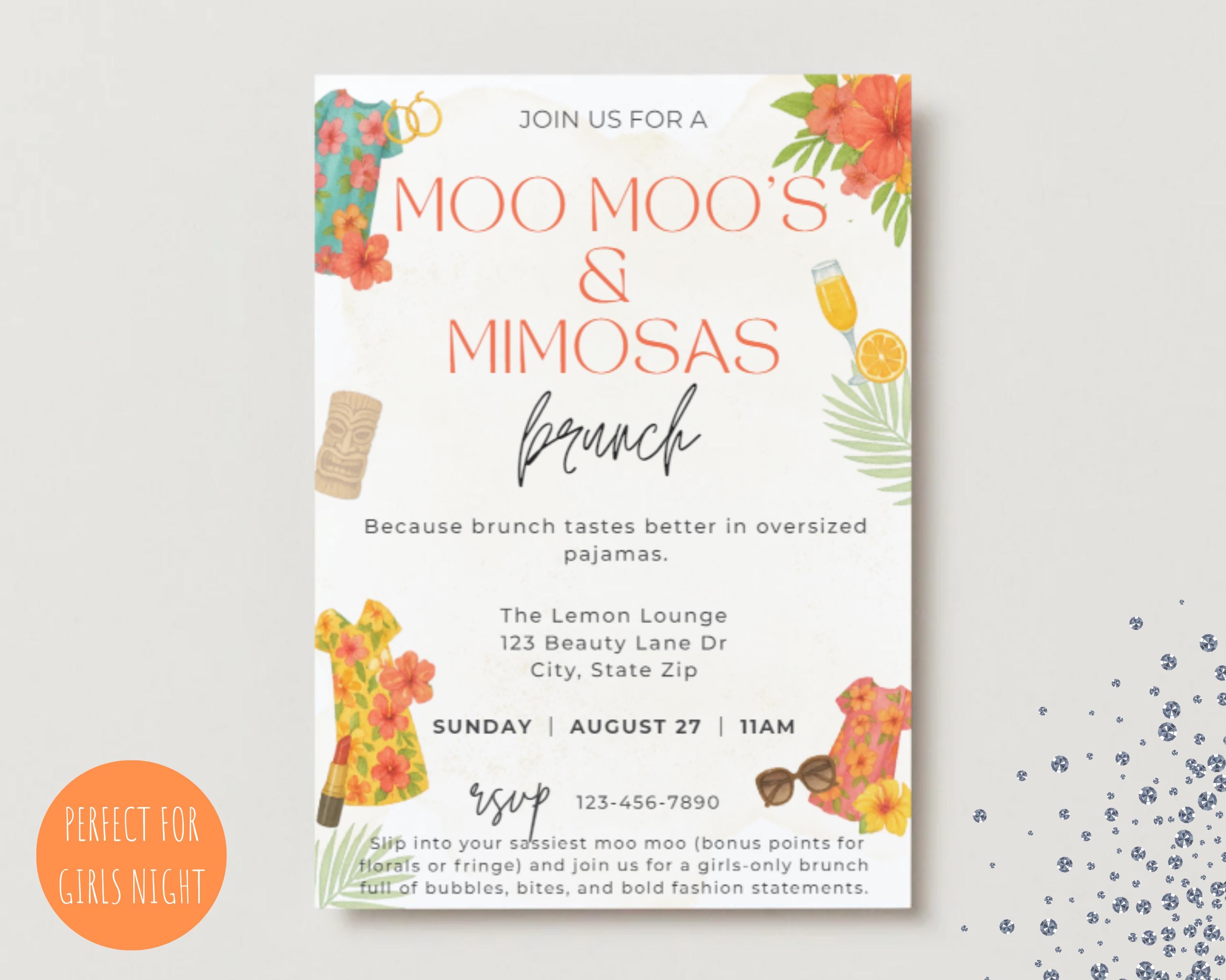 Moo Moos and Mimosas Invitation 5x7 Editable Girls Night Invite Brunch ...