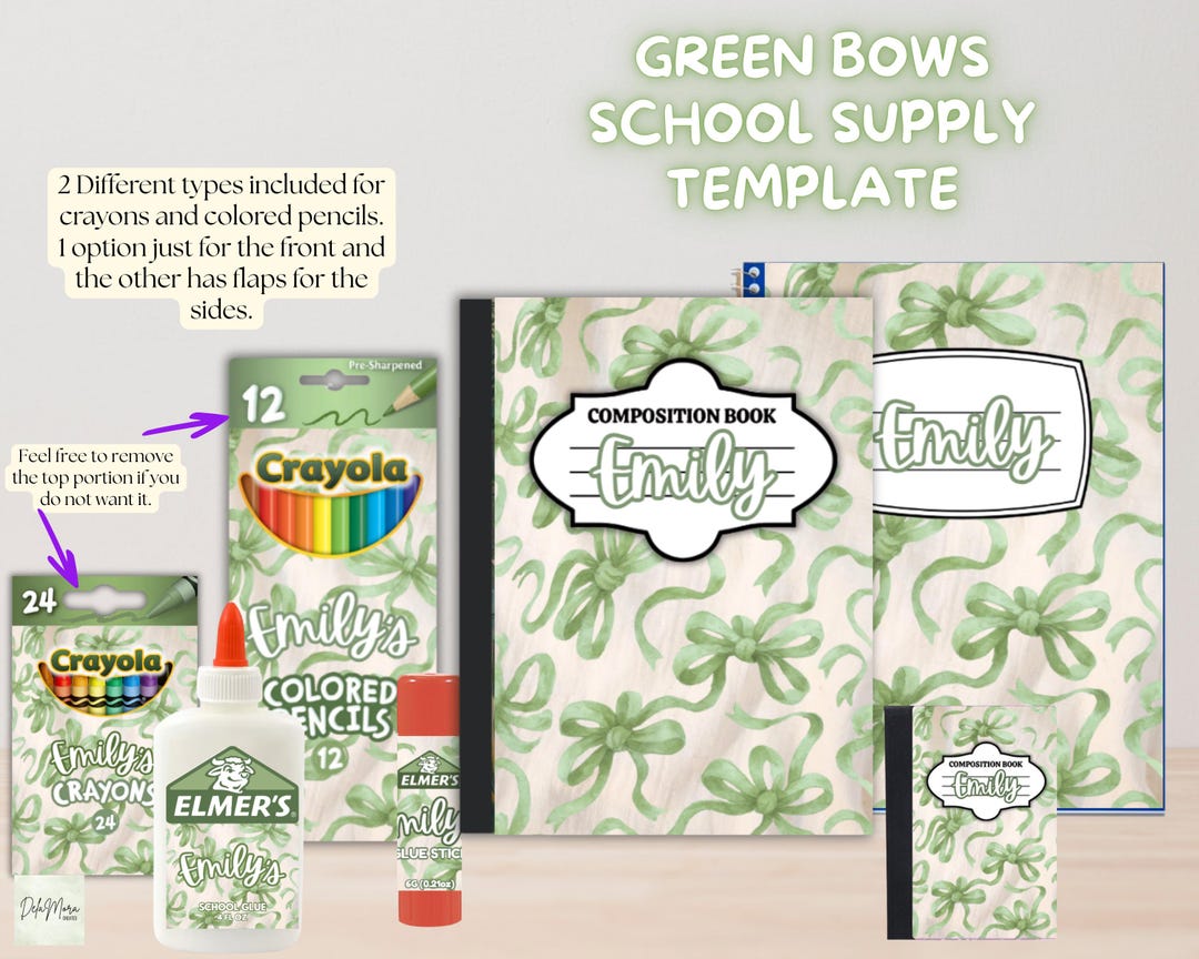 Coquette School Supply Labels Editable Green Bow Name Labels Cute ...