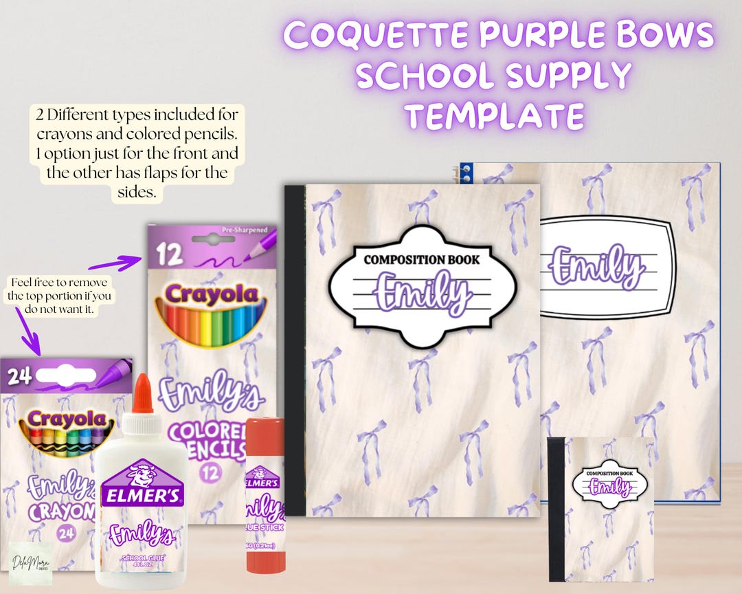 Coquette School Supply Labels Editable Purple Bow Name Labels Cute ...